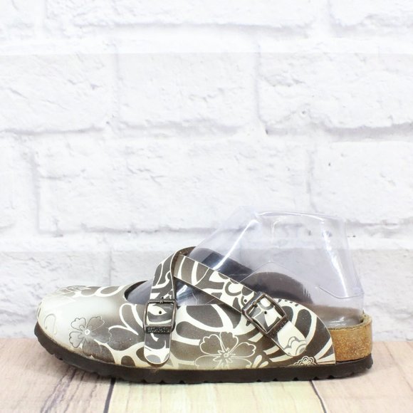 Birkis | Shoes | Birkis Dorian Brown Leather Cross Strap Floral Slide ...